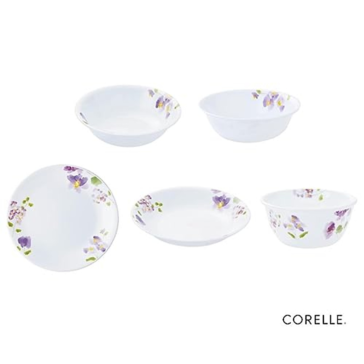 CORELLE CP-8941 Correl, 5-piece Set, Medium Plate, Deep Plate, Medium Bowl, Small Bowl, Variable Bowl, Break-Resistant, Lightweight, Microwave Safe, Oven Safe, Dishwasher Safe, Daily, Violet Mist