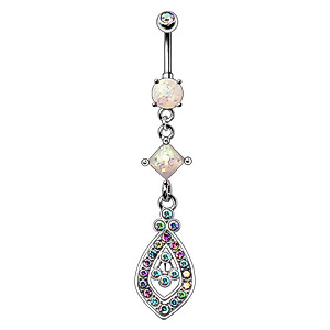 Amelia Fashion 14GA Opal & Aurora Teardrop Externally Threaded Belly Button Ring Dangle Belly Button/Navel Ring Double Jeweled 316L Surgical Steel (Aurora Borealis)