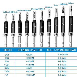 22Pcs Self Centering Hinge Drill Bit Set,Self Centering Hinge Tapper Core Hole Puncher 5/64'' 7/64'' 9/64'' 11/64'' 13/64'' 5mm 1/4'' & 1 Pcs Hex Key & 10 Pcs Replacement Drill Bits +1 Center Punch