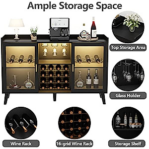 Auromie Wine Bar Cabinet with Led Light, Home Coffee Cabinet with Wine and Glass Rack, Kitchen Buffet Sideboard with Storage Shelves, Freestanding Liquor Cabinet for Living Room, Dining Room (Black)