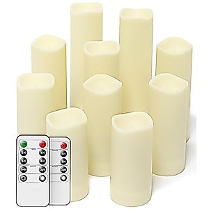 salipt Flameless Candles, LED Flickering Candles Set of 10 (H 4" 5" 6" 7" xD 2.2") Waterproof Candles, Resin Plastic, Indoor Outdoor Use,Ivory