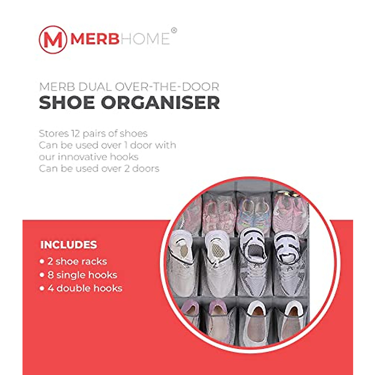 MERB Home 2 Pack Shoe Storage Organizer with Innovative Hook - Hang 2 Racks on 1 Door or on different Doors - Hanging Door Rack- 12 Pockets - Foldable Hanging Storage Organizer (3 Rows of pockets)