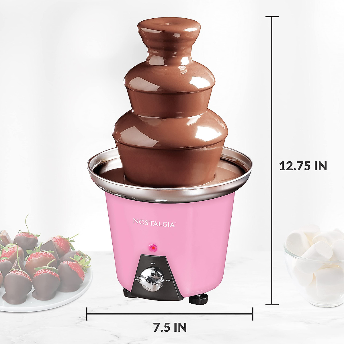 Nostalgia 3 Tier Electric Chocolate Fondue Fountain Machine for Parties - Melts Cheese, Queso, Candy, and Liqueur - Dip Strawberries, Apple Wedges, Vegetables, and More - 24-Ounce - Pink