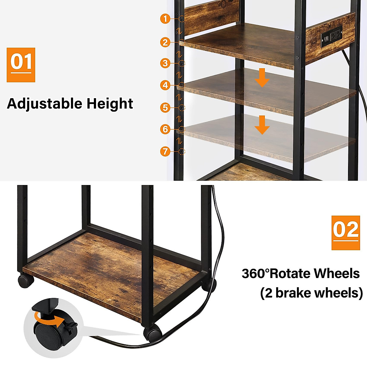 TC-HOMENY 3-Tier Movable Printer Stand with Storage Rolling Floor-Standing Deskside Shredder Computer Host Stand Adjustable Storage Shelf Rack on Wheels Multipurpose Stand for Printer
