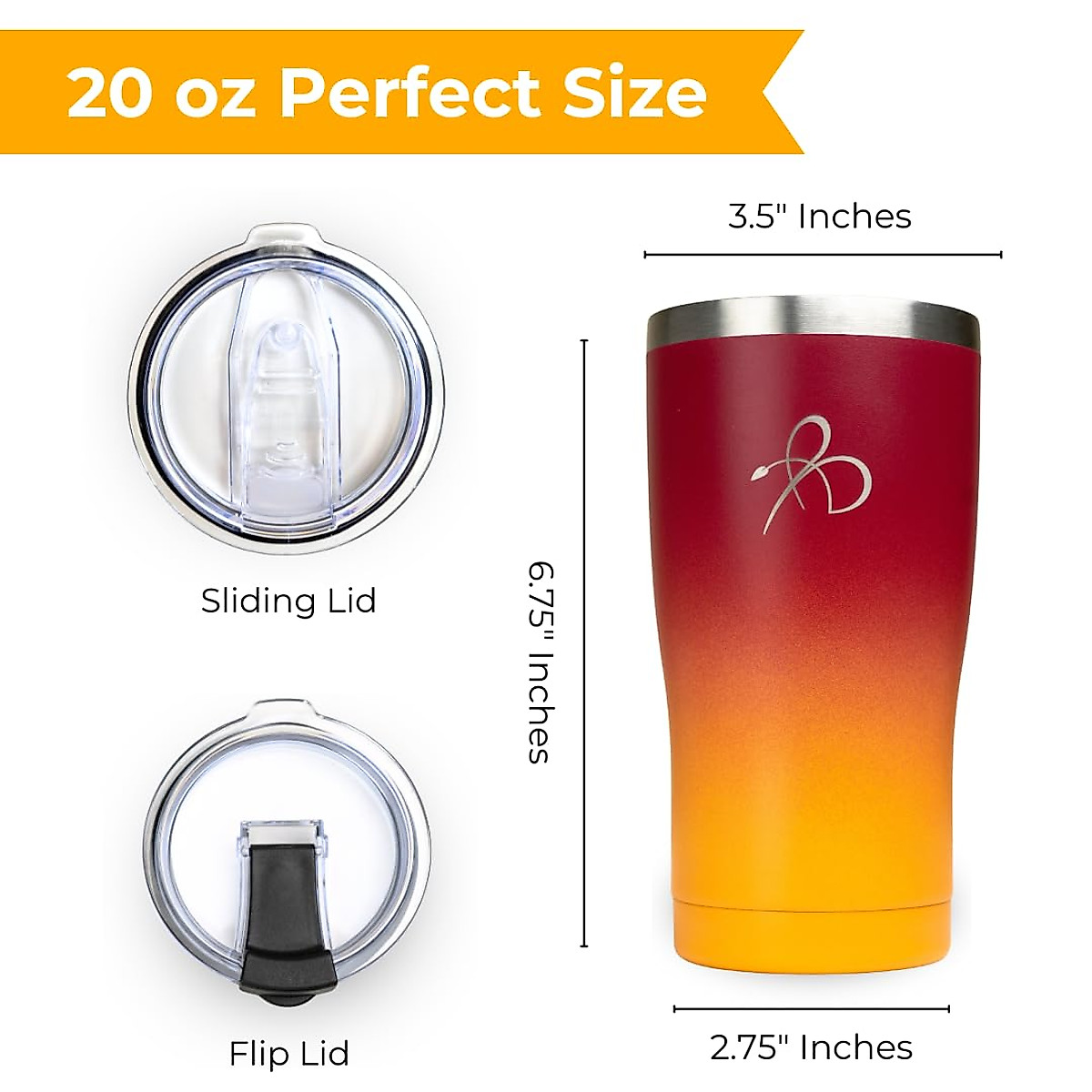 Bright Line Eating Signature B Logo 20oz Stainless Steel Travel Mug - Insulated, Dishwasher Safe, BPA Free, Includes Slider & Flip Lids