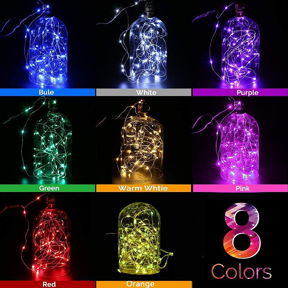 VOOKRY 8 Pack 30 LED Fairy Lights Battery Operated-10ft Mini Copper Wire String Lights Firefly Starry Moon Lights for DIY Crafts Wedding Party Table Centerpieces Bedroom Costume Christmas(Multicolor)