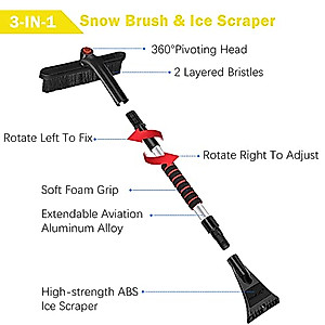 HANCHS 34" Ice Scraper with Snow Brush for Car Windshield, Extendable Snow Brush, Detachable Snow Removal Tool with Foam Handle, Suitable for Car Truck SUV