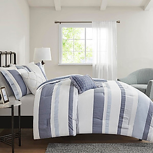 Madison Park Allegany Jacquard Comforter Set, Casual Farmhouse Striped Design, Modern Bedroom Décor, All Season Bedding with Matching Sham, Decorative Pillows, King/Cal King, Blue 5 Piece