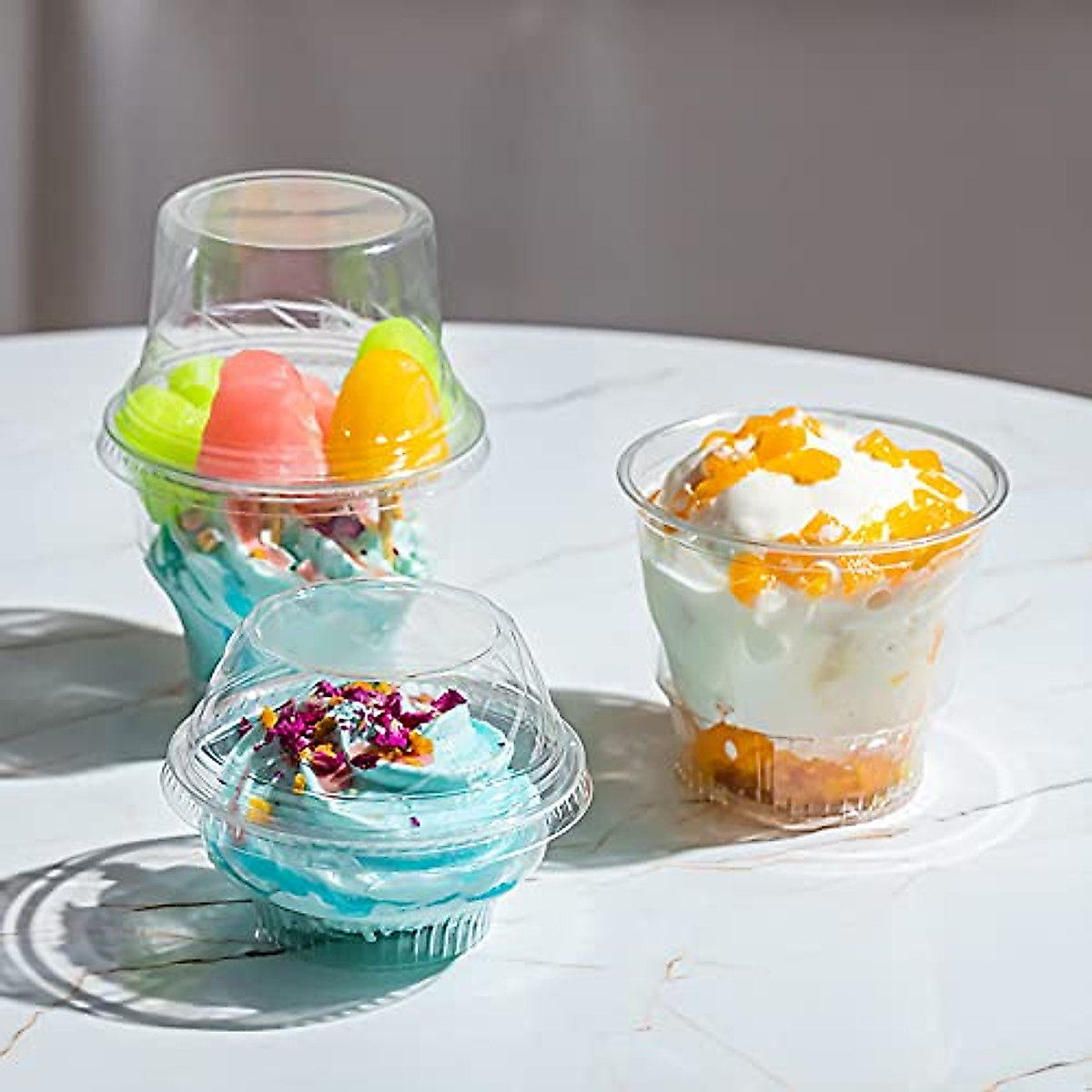 ALMOXVYE 100 Pack 5 oz Cups with Dome Lids, Plastic Clear Cups Disposable Dessert Cups Ice Cream Cups for Dessert, Cupcake, Salad, Fruit