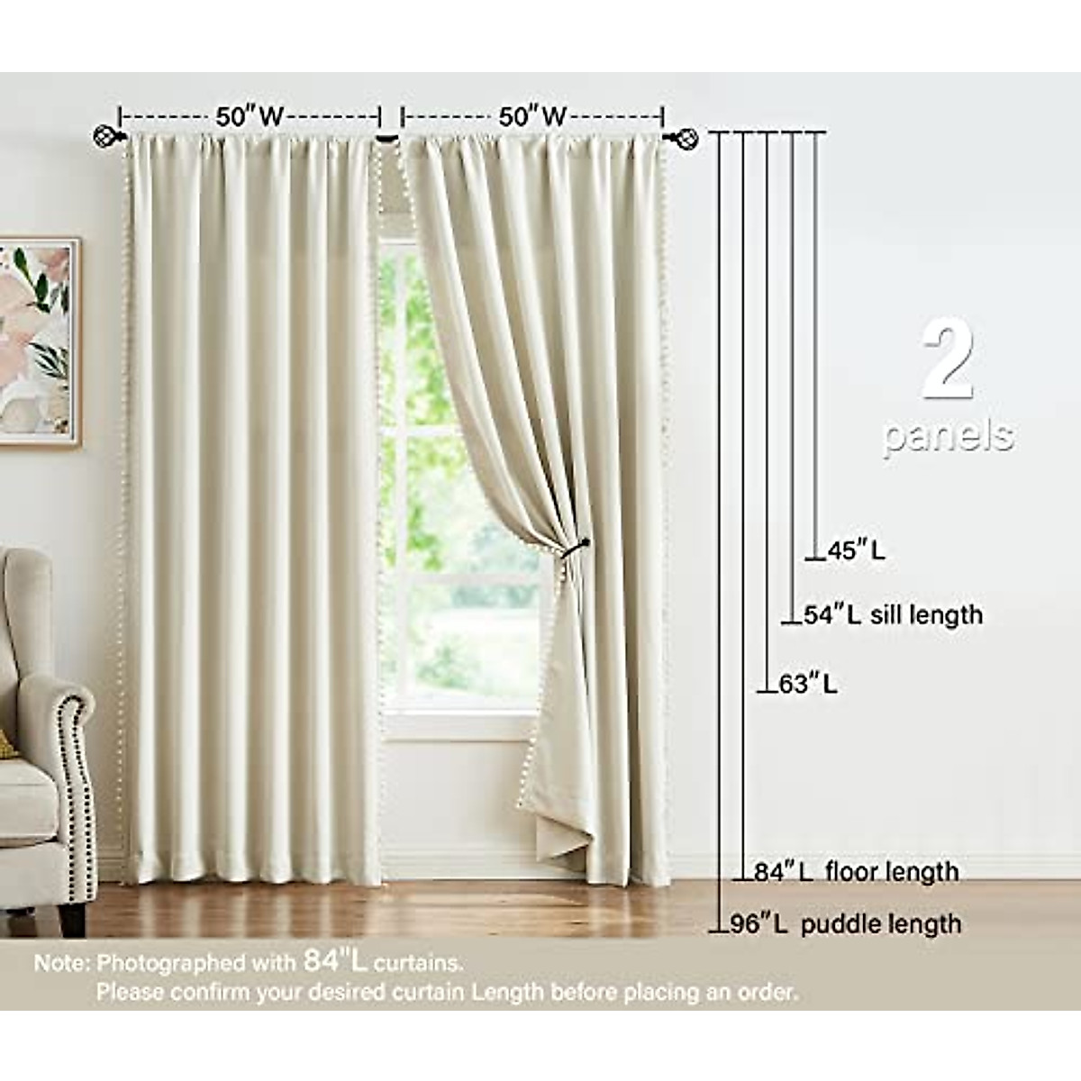 Pom Pom Curtains for Bedroom Windows 84 inch Energy Efficient Thermal Insulated Living Room Darkening Curtain Panels for Kitchen Nursery Room Ivory 50" w x2 Panels Rod Pocket