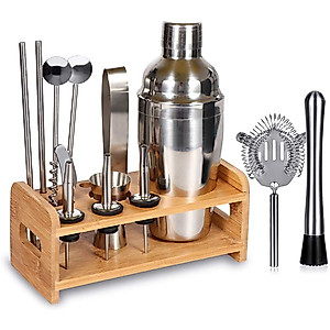Cocktail Shaker Set with Stand, 15 Piece Bartender Kit Home Bar Accessories - Martini Shaker with Built-in Strainer, Muddler, Jigger, Drink Shaker 304 Stainless Steel, House Warming Gitfs New Home