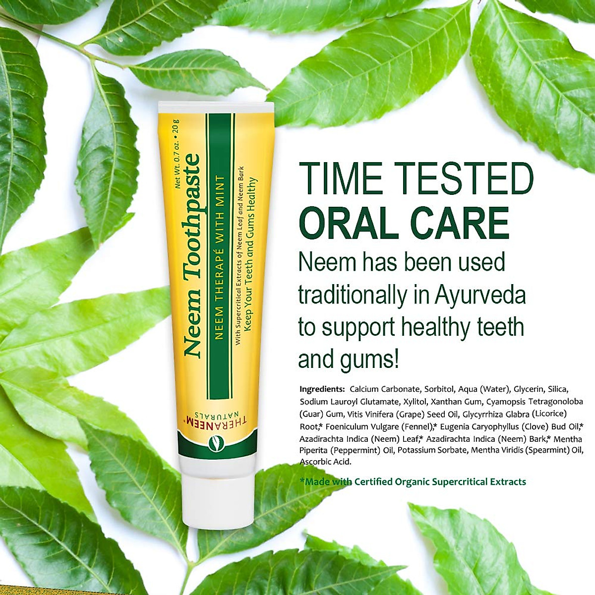 TheraNeem Neem Toothpaste, Mint | Supports Healthy Teeth and Gums and a Fresh Mouth | Fluoride Free | Travel Size, 0.7oz