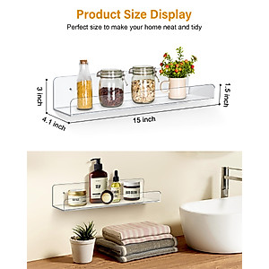 LUSCREAL 4 Pack Floating Shelves for Wall Storage, 15" Bathroom Wall Shelves, Acrylic Shelves for Room Wall Decor, Bedroom, Kitchen, Living Room, Clear