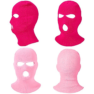 2 Pieces 3-Hole Ski Mask Knitted Face Cover Winter Balaclava Full Face Mask for Winter Outdoor Sports (Pink, Rose Red)