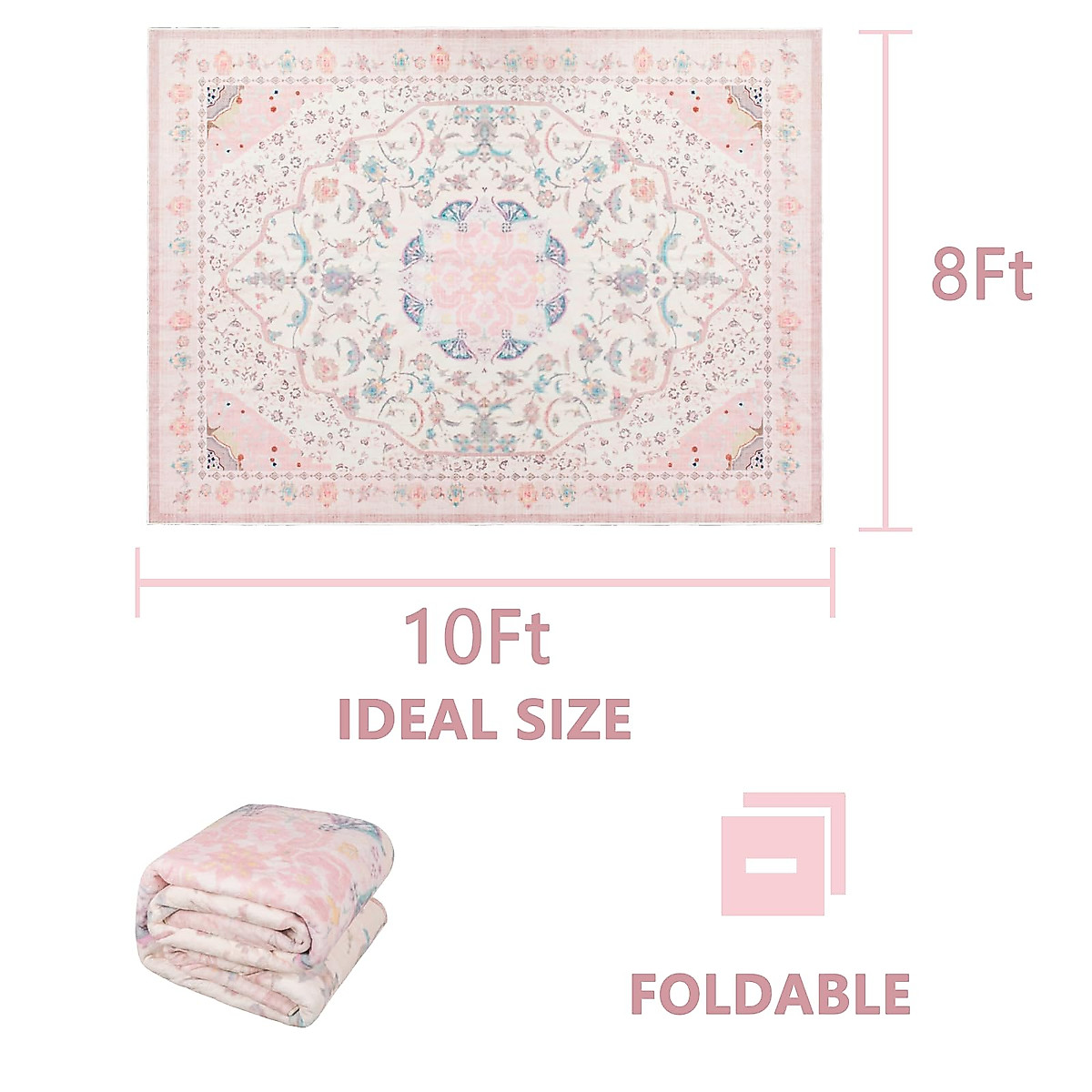 auruge Area Rug - Vintage 8x10 Non-Slip Backing Area Rugs Light Pink Soft Faux Wool Carpet Foldable & Machine Washable Rugs for Living Room Bedroom Dining Room Nursery Home Office