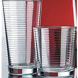 Le'raze Set of 16 Heavy Base Ribbed Durable Drinking Glasses Includes 8 Cooler Glasses (17oz) and 8 Rocks Glasses (13oz) - Clear Glass Cups - Elegant Glassware Set. Cordial Glasses