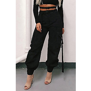 ZODLLS Women's Camo Pants Cargo Trousers Cool Camouflage Pants Elastic Waist Casual Multi Jogger Pants with Pocket Black Cargo#2-M