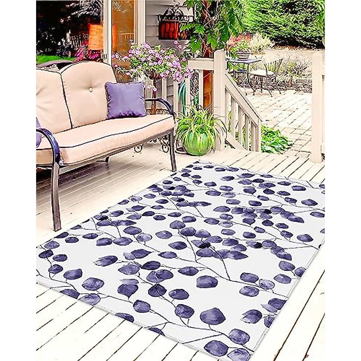 Outdoor Rug for Patio Purple Watercolor Plants Leaves 4'x6' Mat Carpet,Reversible Camping Aera Rugs,Rv,Porch,Deck,Camper,Balcony,Backyard