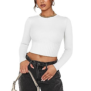 REORIA Women's Sexy Trendy Crew Neck Cropped Sweater Fall Long Sleeve Ribbed Knit Pullover Slim Fit Casual Basic Crop Tops White Large