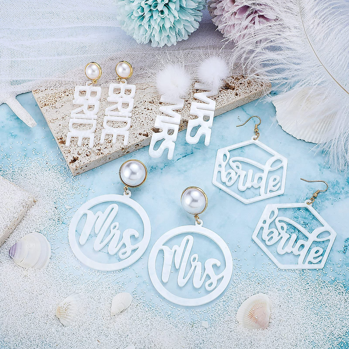 4 Pairs Bride and Mrs Earrings Set Mrs Bride Letter Dangle Earring Acrylic Wedding Earrings for Brides Handmade Bridal Earrings Fun Statement Earrings for Women Bridesmaid Party Gift Accessories