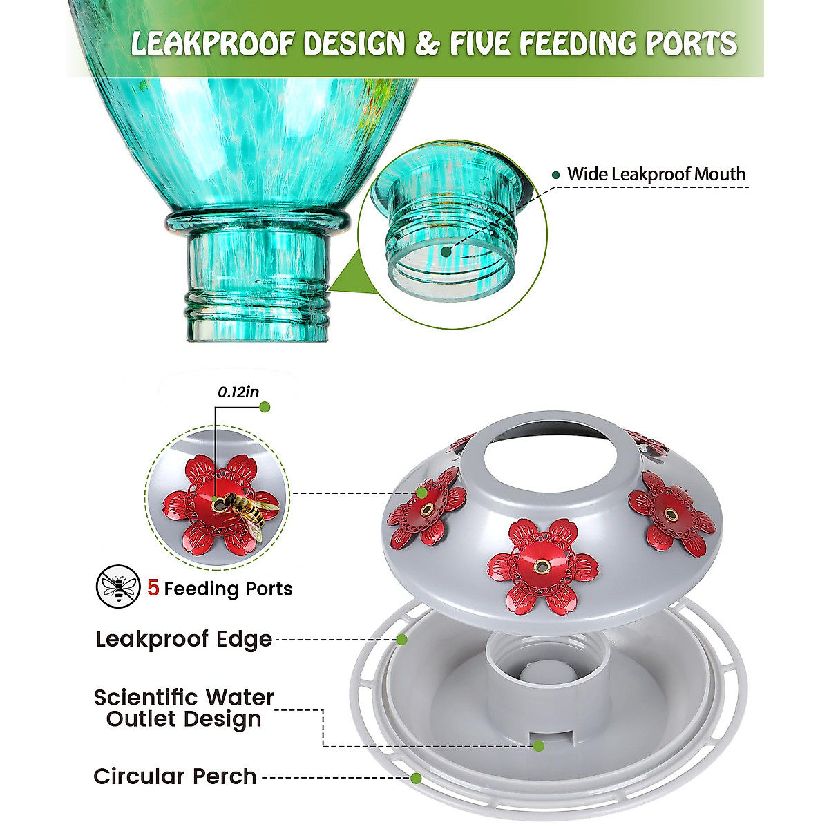 BOLITE Hummingbird Feeders for Outdoors, Hand Blown Glass, 30 Ounce, 5 Feeding Ports with Perch, 21003BU Green