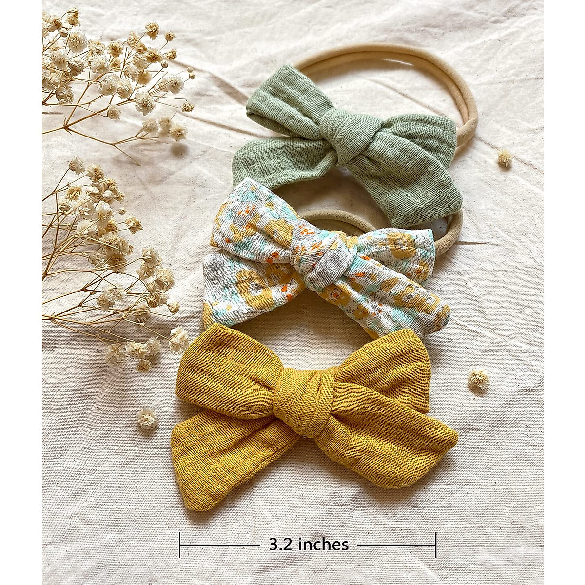 Cherssy Baby Muslin Hair Bows and Headbands, 10pcs Soft Nylon Hairbands for Newborn, Infants, Toddlers