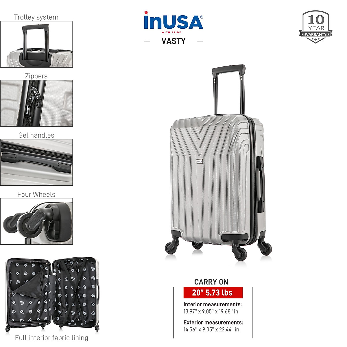 InUSA VASTY Luggage with Spinner Wheels | Durable Lightweight Hardshell Suitcase, Travel Bag with Handle and Trolley, 20-Inch Carry On Small Luggage | Grey