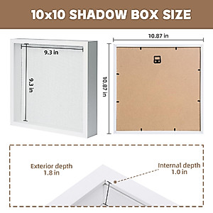Muzilife 10x10 Shadow Box Picture Frame with Linen Board - Deep Wood & Glass Display Case Ready to Hang Memory Box Baby Sports Memorabilia, Pins, Awards, Medals, Wedding, Tickets and Photos (White)