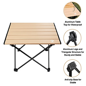 VILLEY Portable Camping Side Table, Ultralight Aluminum Folding Beach Table with Carry Bag for Outdoor Cooking, Picnic, Camp, Boat, Travel - Gold