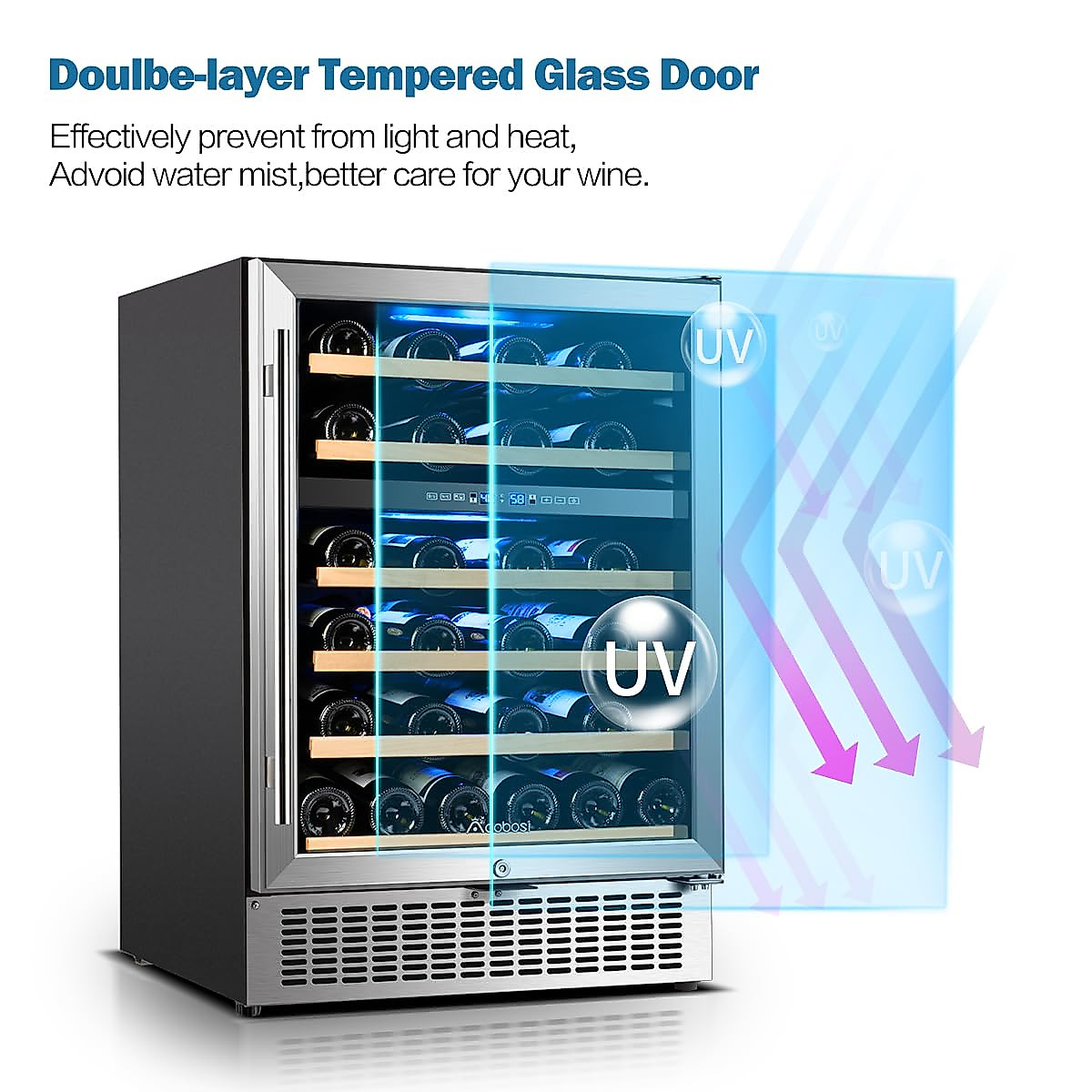 AAOBOSI 24 Inch Dual Zone Wine Cooler 46 Bottle with Upgraded Compressor Advanced Cooling System Quiet Operate, Freestanding and Built-in Wine Refrigerator