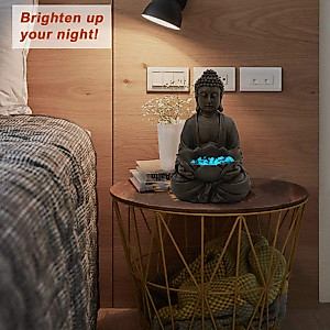 Goodeco 12" Meditating Buddha Statue Figurine w/Lotus - Zen Garden Statues for Indoor/Outdoor Decor- with Magical Glow in Dark Pebbles & Glass Stones, Ideal Gifts for Home (Brown)
