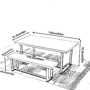 52" Solid Wood Dining Table for 6-8 Person, Sturdy Breakfast Table with Metal Frame, Modern Farmhouse Kitchen Table for Living/Dining Room,Office Desk, Vintage Brown.