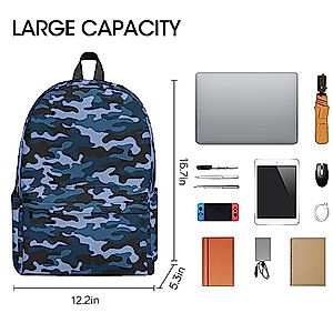 Lightweight Camo Boys School Backpack, Classic Bassic Bookbag for Middle School Students, Cute Camoflauge Patterned Casual Daypack for College, Travel, Work with 15-Inch Laptop Compartment, 17 IN