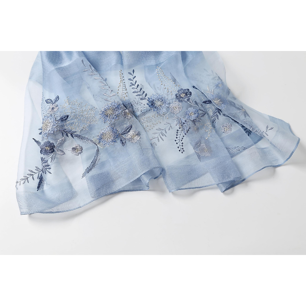 Jeelow Silk Wool Fashion Scarf Shawl Wrap Lightweight Sheer For Women Floral Embroidery Wedding Party Prom (Blue Floral)