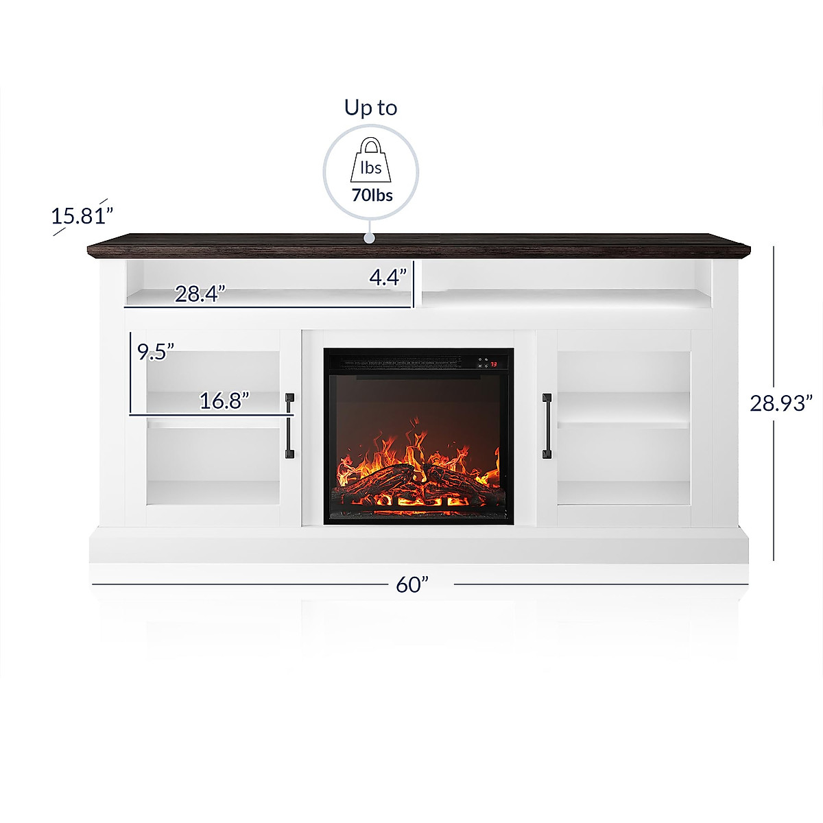 BELLEZE Modern 60" Traditional TV Stand with 18" Electric Fireplace Heater & Media Entertainment Center Console Table for TV up to 65" with Open Storage Shelves & Cabinets - Cayman (White)