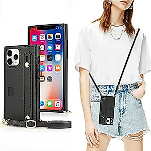 DEFBSC Crossbody Case for iPhone 12, iPhone 12 Pro Case 5G, Finger Strap Wallet Case with PU Kickstand and Adjustable Detachable Crossbody Strap Card Slot Heavy Duty Protective Square Cover-Black