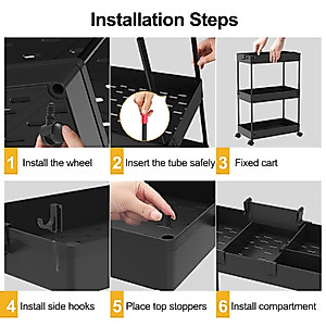 SPACELEAD 3 Tier Rolling Cart with Wheels, Storage Craft Art Cart Trolley Organizer Serving Cart, 3 Hanging Baskets Easy Assembly, for Office, Living Room, Kitchen, Black