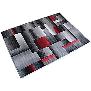 Champion Rugs Squares Modern Geometric Hand Carved Red Grey Black Area Rug Easy to Clean Stain & Fade Resistant Soft Plush Bedroom Living Room Contemporary Dining Accent (7’ 8” X 10’ 8”)