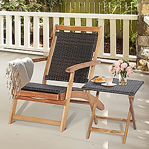 Tangkula Patio Lounge Chair and Side Table Set, Acacia Wood Wicker Folding Table and Armrest Chair with Retractable Ottoman, Acacia Wood Outdoor Chaise Lounger for Garden, Backyard, Poolside, Balcony