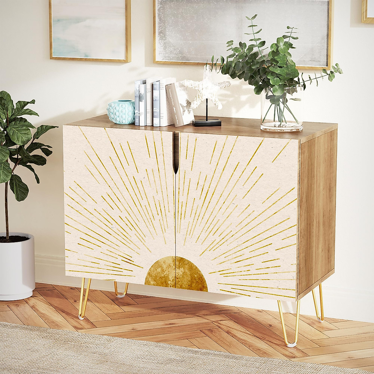 SIGNWIN Sideboard Buffet Cabinet, Kitchen Storage Cabinet with 2 Doors, Golden Rising Shining Sun Horizon, Cupboard Console Table for Dining Room - 35" L x 18" W x 29" H