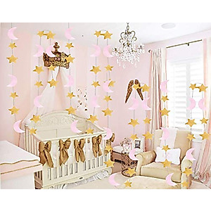 Moon and Stars Garland 2PCS Glitter Gold Twinkle Stars Pink Crescent Paper Garlands Hanging Decorations Girl Birthday Party Decorations Girl Baby Shower Decorations Pink Gold Nursery Room Decorations
