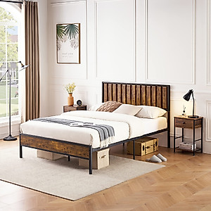 GAOMON Queen Size Bed Frame with Wood Headboard,Metal Bed Frame with 14 Heavy Duty Steel Slats,No Box Spring Needed,Noise-Free,Retro Brown