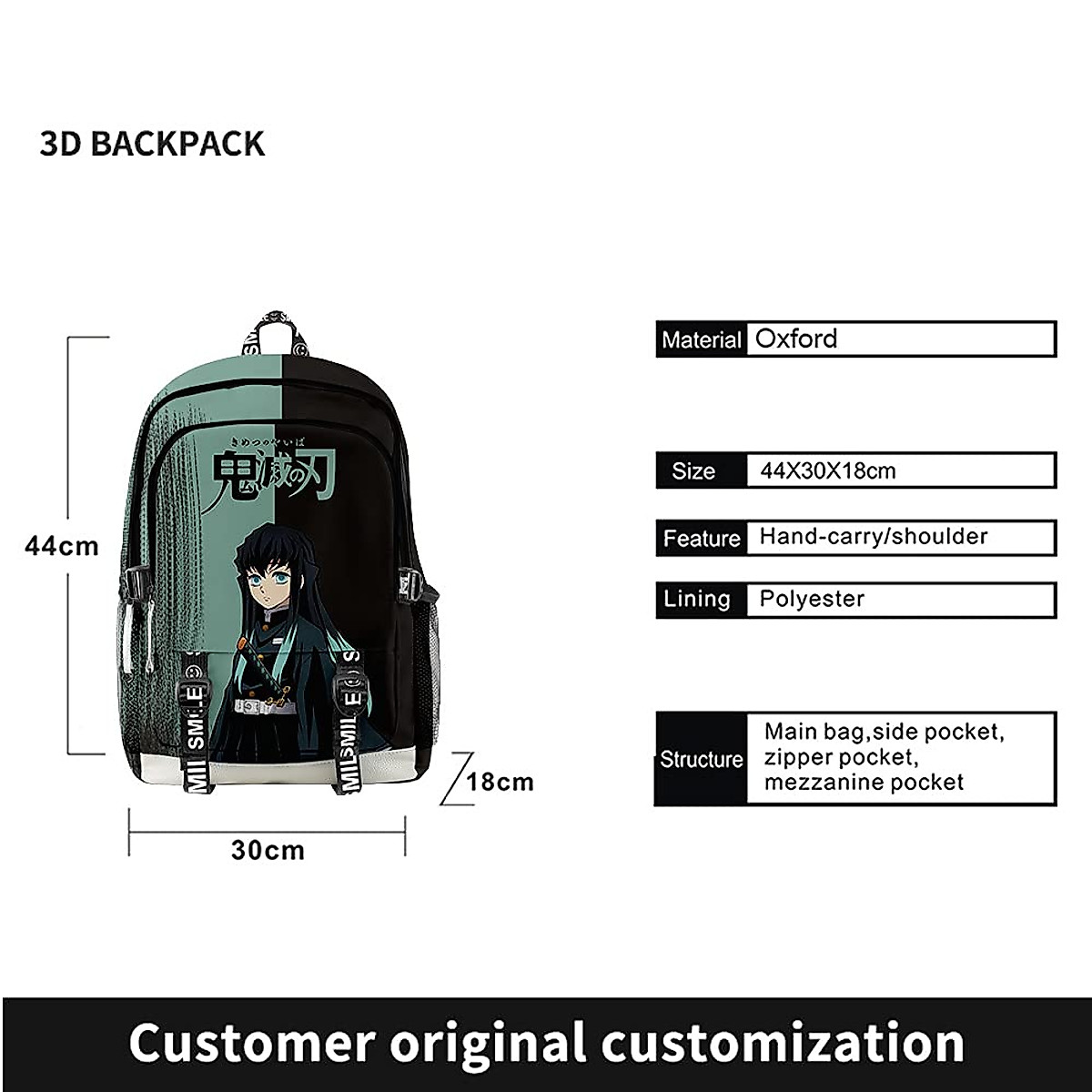 HANDAFA Unisex Nezuko Print Backpack Set Manga Cosplay 3PCS Bag Shoulder Bag PencilBag Set(Muichirou)