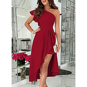 Dokotoo One Shoulder Dresses for Women Elegant Ruffle Empire Waist Asymmetrical Hi-Lo Hem Solid Zipper Up Bodycon Party Wedding Guest Midi Semi Formal Dresses Red Large
