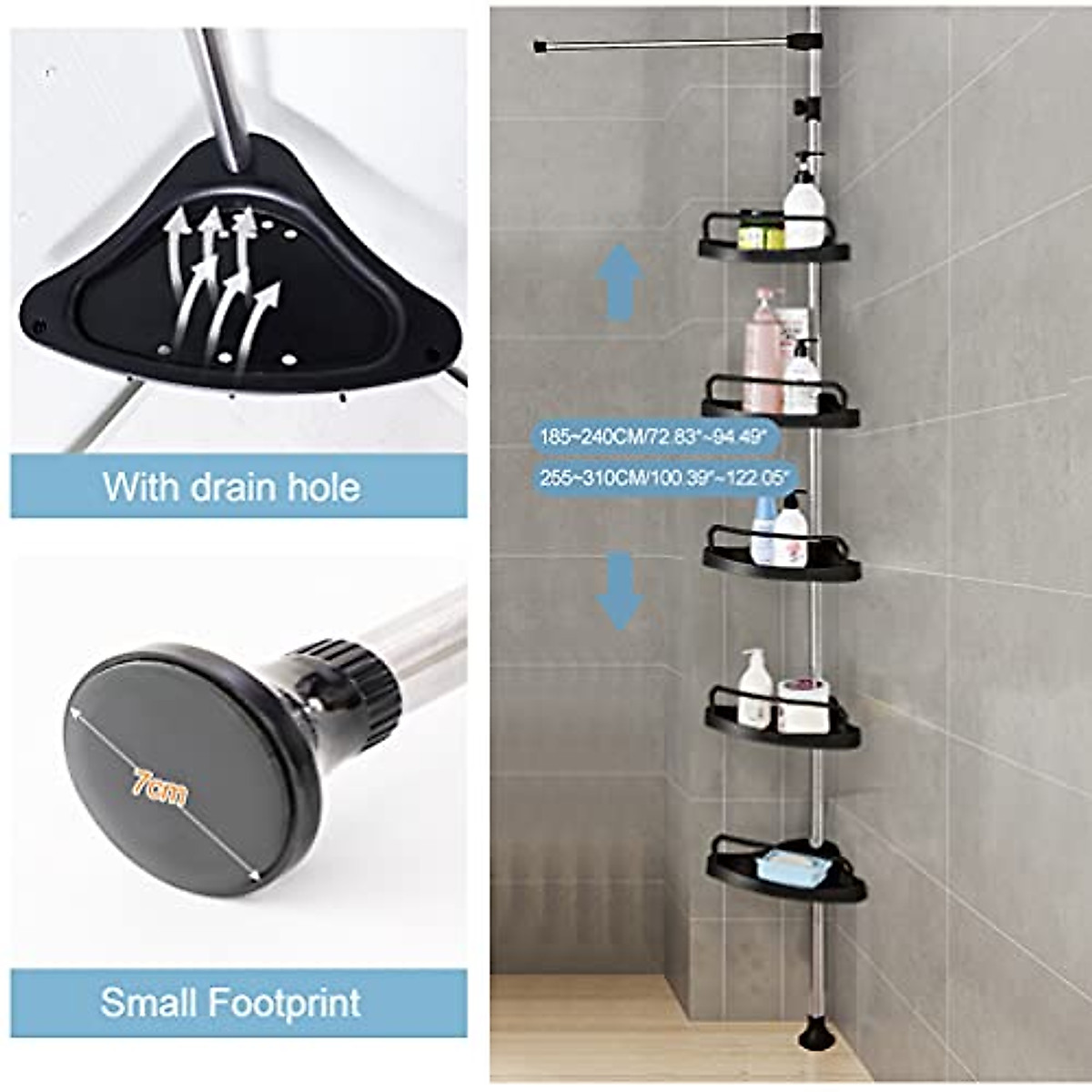 BAOYOUNI 5-Tier Shower Corner Caddy Tension Pole Adjustable Bathroom Shelf Floor to Ceiling Storage Rack Organizer Holder with Towel Bar - No Drilling - Black