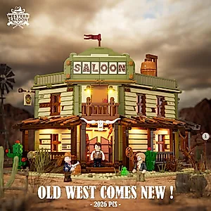 FUNWHOLE Western-Saloon Lighting Building-Bricks Set - The Old West Saloon LED Light Construction Building Model Set 2026 Pcs for Adults and Teen