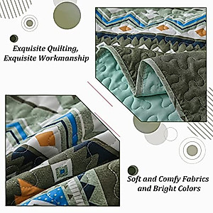 Boho Quilt Set King,3 Piece Olive Green Bedspread Coverlet Set with Geometry Printed for All Season, Lightweight Oversized Bohemian Bedding Set 104"×90"