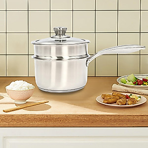 RABEEXP Stainless Steel Saucepan with Steamer 13L 1.37 QT Sauce Pan for Cooking with Lid and Handle, Double Layer Steaming Pot for Boiling Gravies, Pasta, Noodles, Compatible with All Stoves