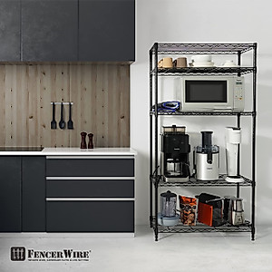 Fencer Wire 4/5-Tier Adjustable Height Wire Shelving Unit, Garage Shelving Storage Organizer, Wire Rack Shelving, Metal Steel Storage Shelf, Utility Storage Shelf with Leveling Feet and Wheels, Black