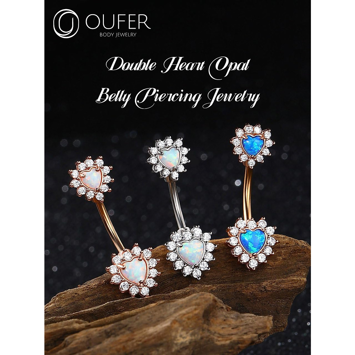 OUFER 14G Belly Button Rings, 316L Surgical Steel Belly Rings, Double Heart Cubic Zircon Filigree Opal Navel Rings Belly Piercing Jewelry For Women And Men-Blue